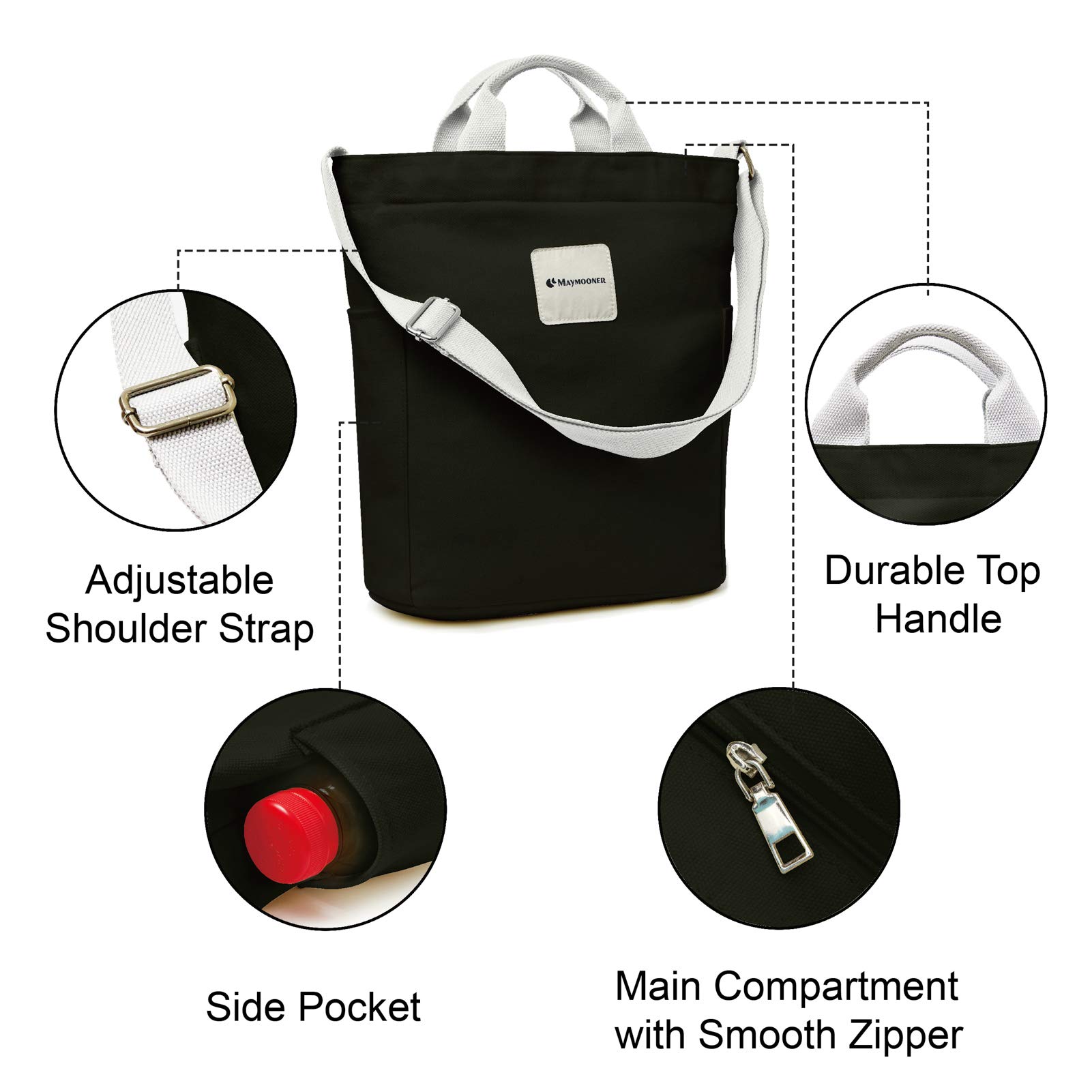 Canvas Tote Bag With Zipper And Pockets Casual Crossbody Planner Hobo Bags For Women, Black