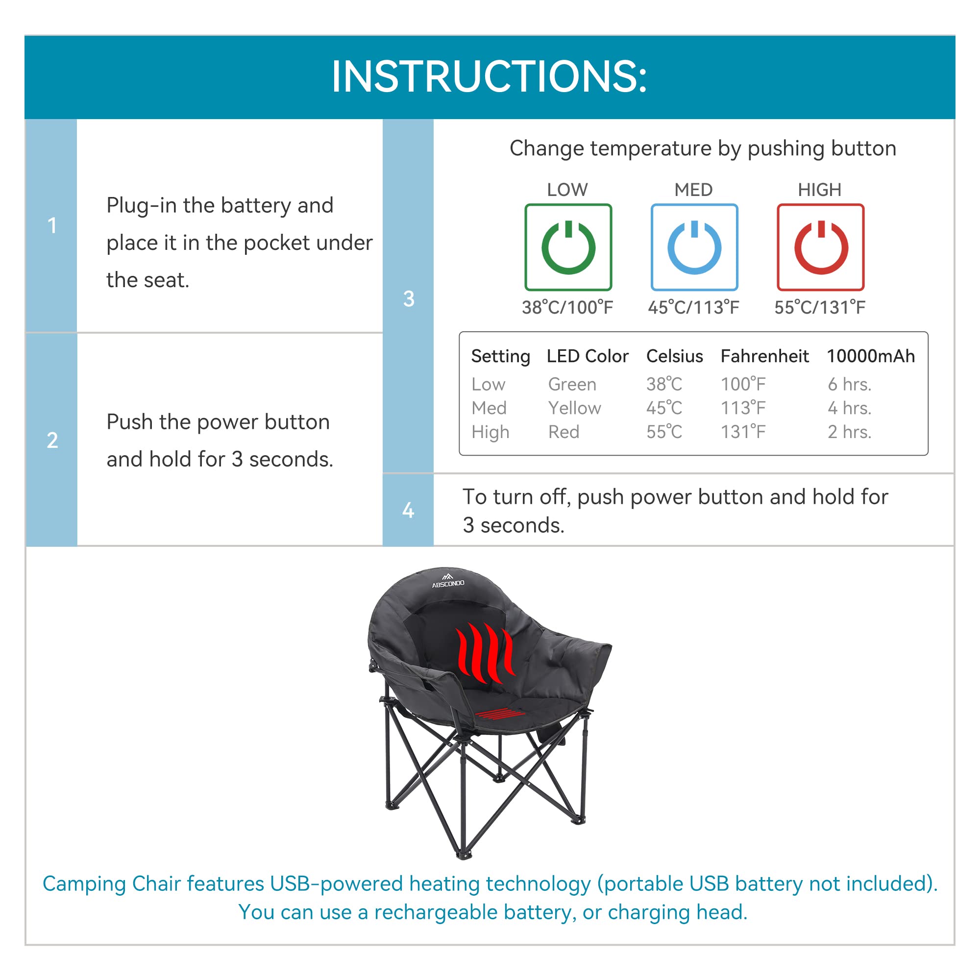ABSCONDO Heated Camping Chair, Camping Chairs for Heavy People, Oversized Outdoor Folding Moon Chairs with Extra Wide Seats, Lawn Chairs Folding Supports up to 300lbs, Black