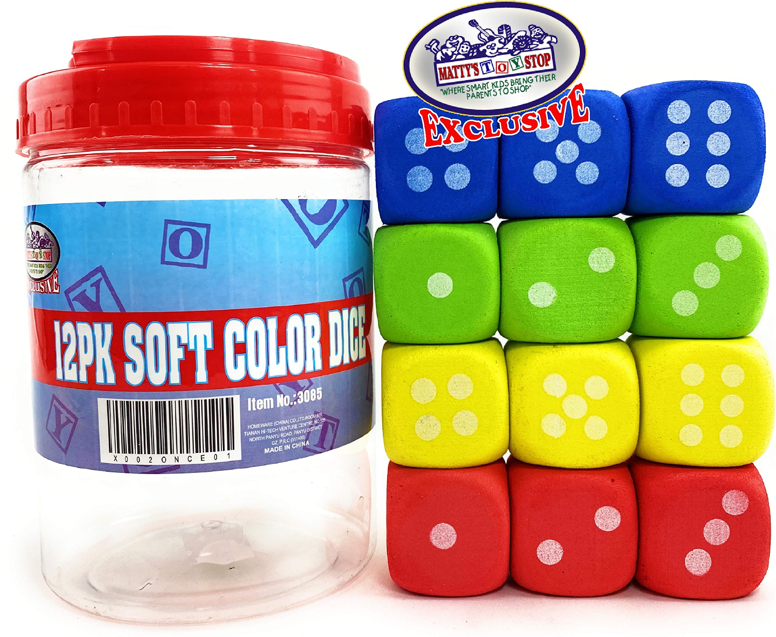 Deluxe 1.5" EVA Foam Dice Red, Green, Blue & Yellow (Pack of 12) Bucket