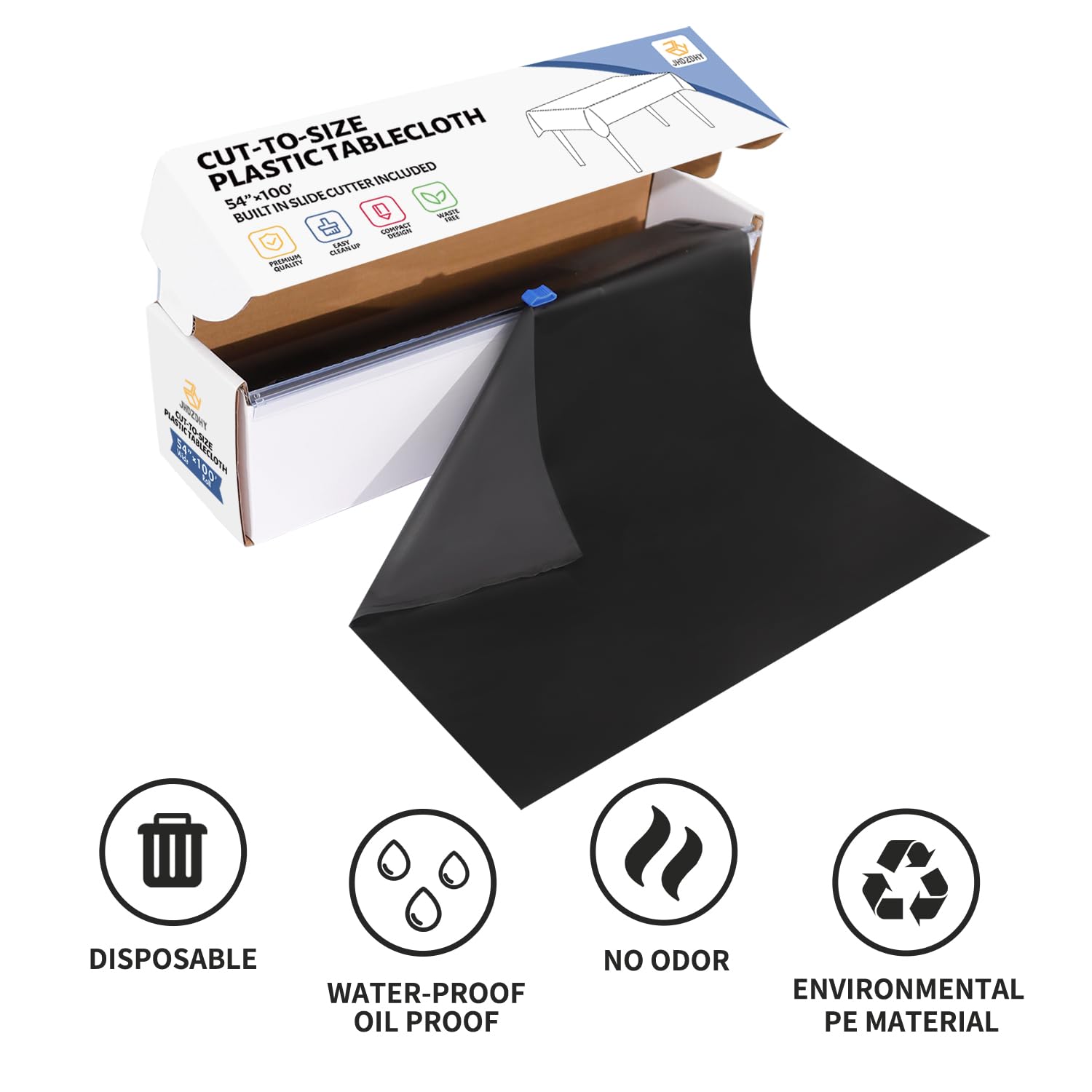 JHDZDHY 54 Inch X 100 Feet Plastic Table Cover Roll Disposable Tablecloth with Slide Cutter for All Type/Shape Tables | Picnic, Party, Banquet, Birthdays, Weddings (Black)