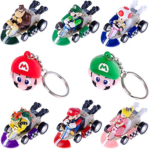 6pcs Mini Super Character Kart Pull Back Cars Cake Toppers Figures Toy Sets, Kids Birthday Party Cake Decoration Supplies and 2 pcs Keychains
