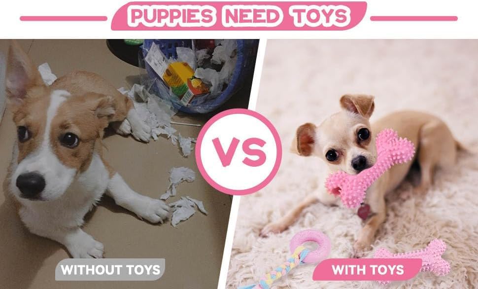 Bambinom Puppy Chew Toys, 6 Pack Puppy Teething Toys for Small Breed, Soft Rubber Cute Pink Dog Toys, Eco-Friendly, Teeth Cleaning Interactive for Small Dogs