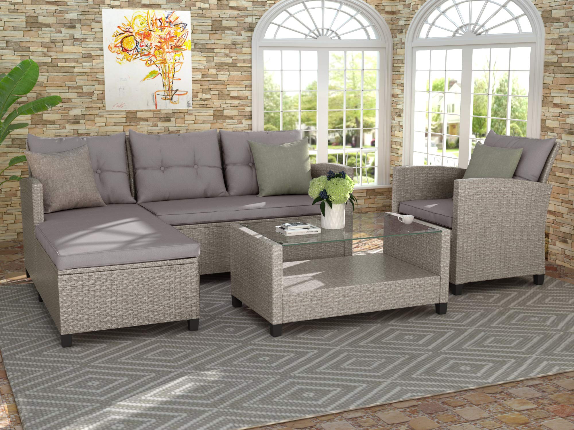 Merax 4 Piece Outdoor Patio Furniture Sets Conversation Set Wicker Ratten Sectional Sofa with Seat Cushions