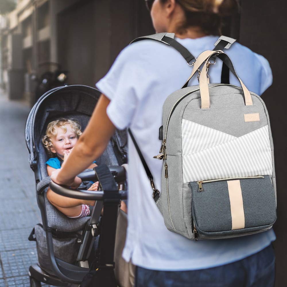 YILANE Diaper Backpack for Mom Daily Outing, Baby Bags for Mom USB Charging Port with Changeable Stroller Straps, Diaper Pad & Extra Bottle Cooler (Gray)