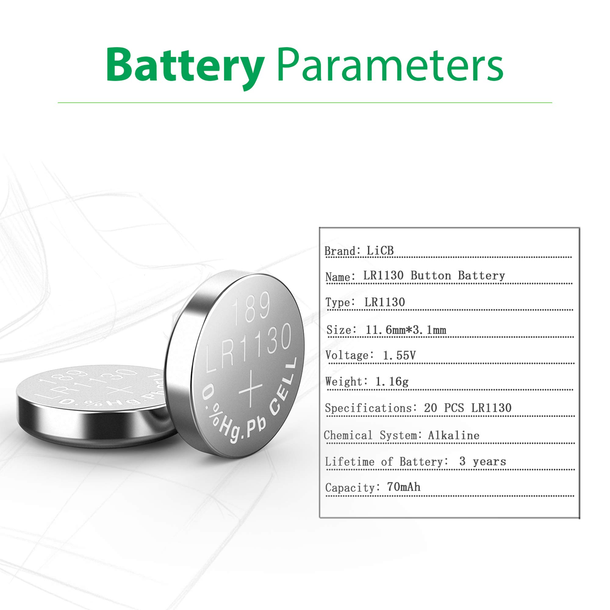LiCB 20 Pack LR1130 AG10 Battery 1.5V Long-Lasting Alkaline Button Cell Batteries