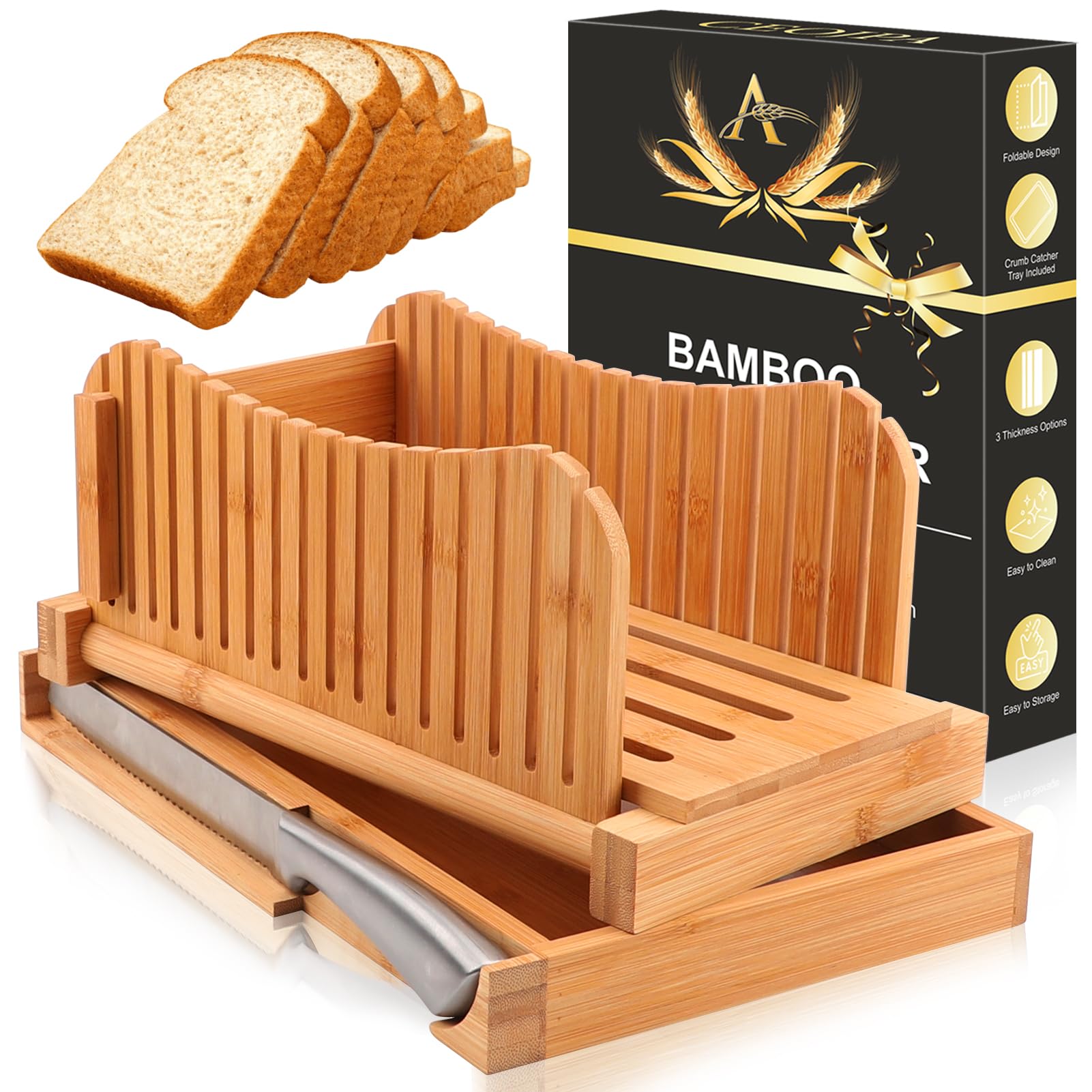 Bamboo Bread Slicer with Bread Knife for Homemade Bread, 3 Slice Thickness, Foldable Compact Cutting Guide with Crumb Tray and Stainless Steel Knife, Easy to cutting Bagels, Cakes,Sourdough Bread