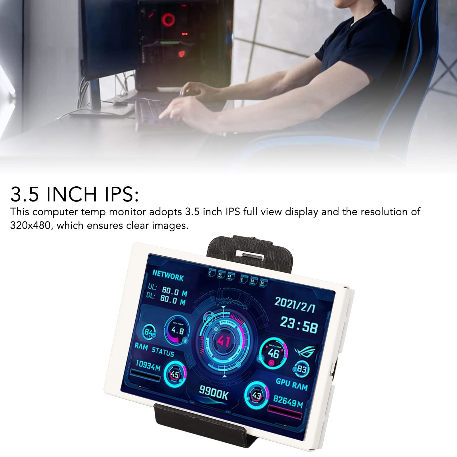 ASHATA Computer Temp Monitor, Portable Computer Real Time Data Monitoring Monitor, 3.5in IPS Full View USB C Auto Off Rotatable PC CPU Data Monitor for Chassis RAM GPU (Black Set)
