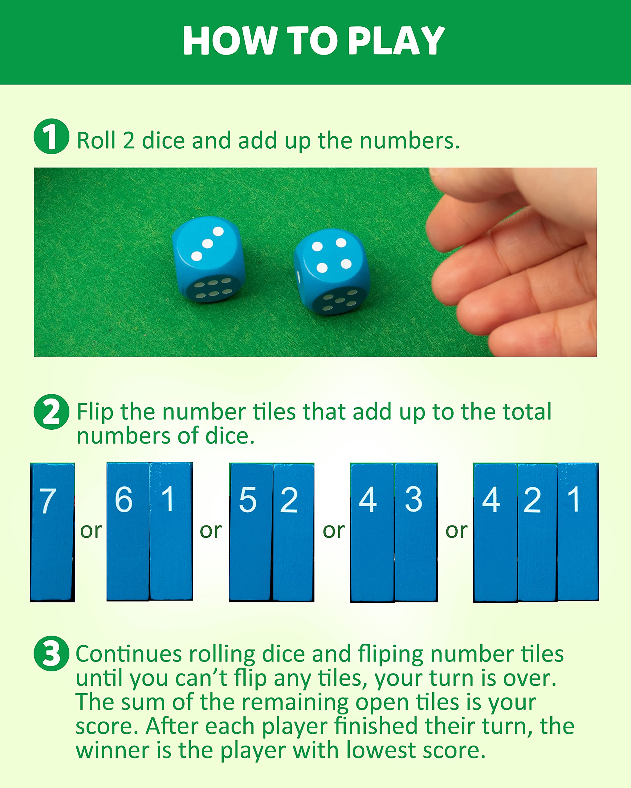 Coogam Shut The Box Dice Game Wooden Board Math Number Game Family Pub Bar 1-4 Players with 10 Colored Dice for Adults Kids