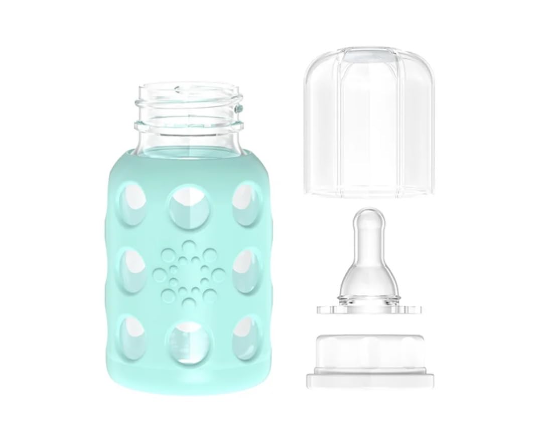 Lifefactory Glass Baby Bottles with Silicone Protection - 4-Pack, 4 oz Each Bottle (2- Lavender, 1- Mint & 1- Cantaloupe)