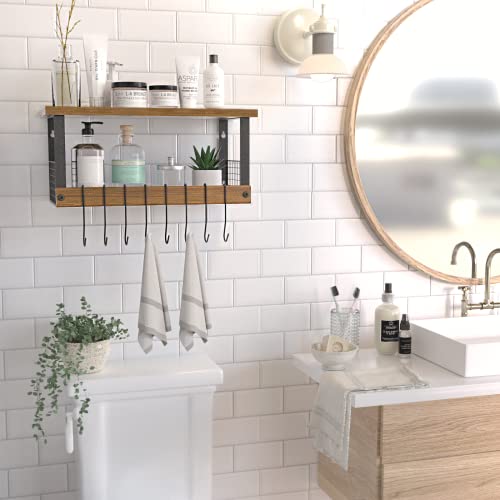 J JACKCUBE DESIGN Wall Mount Rustic Wood Floating Shelf, Coffee Mug Rack with 8 Hooks, 2 Tier Hanging Storage Shelves for Kitchen, Bathroom, and Living Room - MK455A