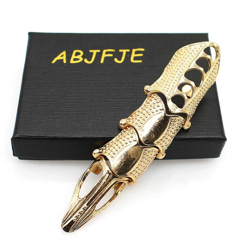 ABJFJE Punk Rock Armor Knuckle Joint Full Finger Double Loop Ring Gothic Activity Rings Halloween Cosplay Costume Accessories Jewelry for Men Women (Gold)