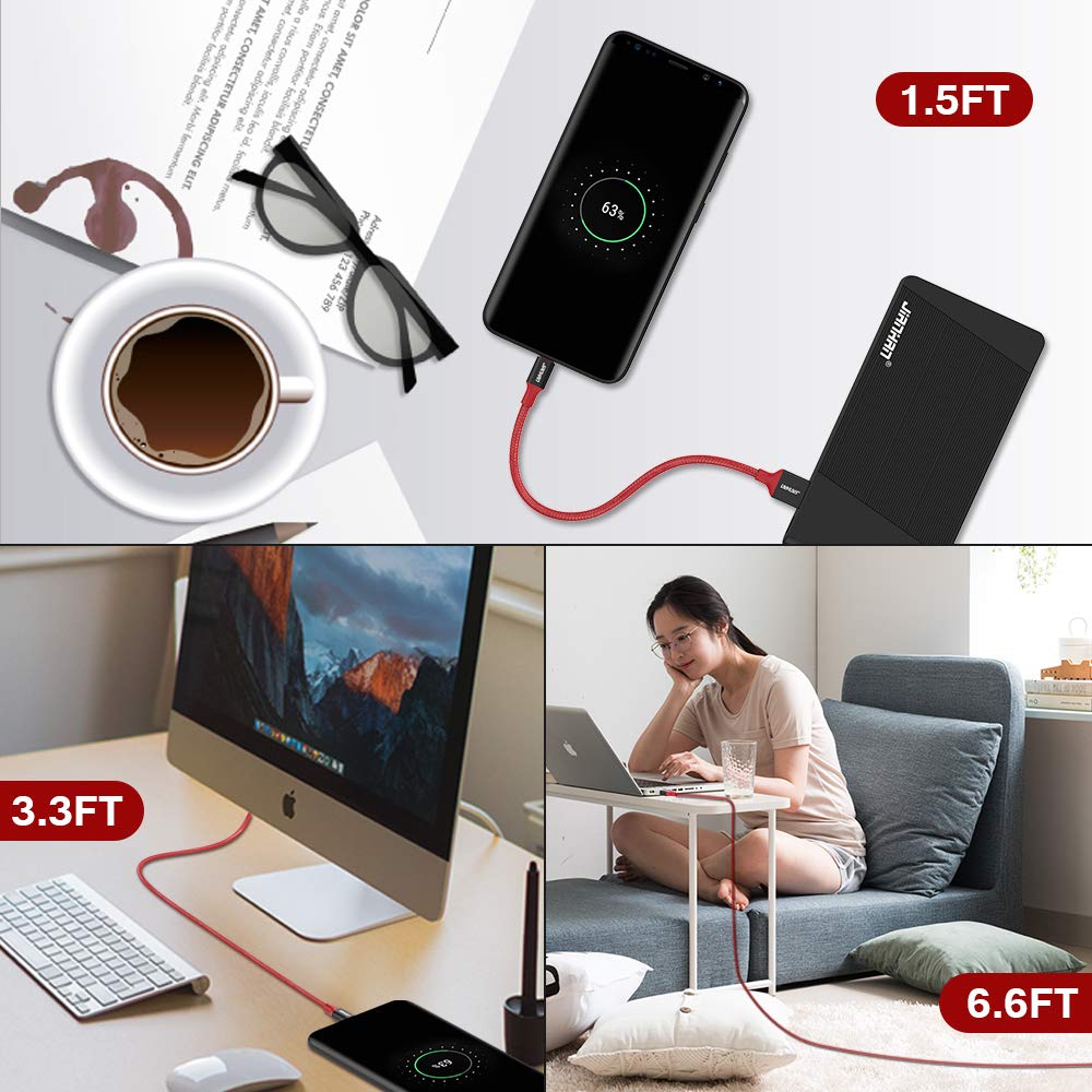 JianHan Reversible Micro USB Cable,[3-Pack] Braided Micro USB Charging Cable for Samsung Galaxy S7 S6 J7 Edge,Note 5,LG G3 G4,Kindle,PS4,Motorola,Android (1.5ft /3.3ft /6.6ft Red)