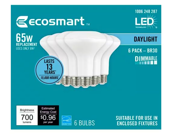 EcoSmart 65-Watt Equivalent BR30 Dimmable LED Light Bulb Daylight (6-Pack)