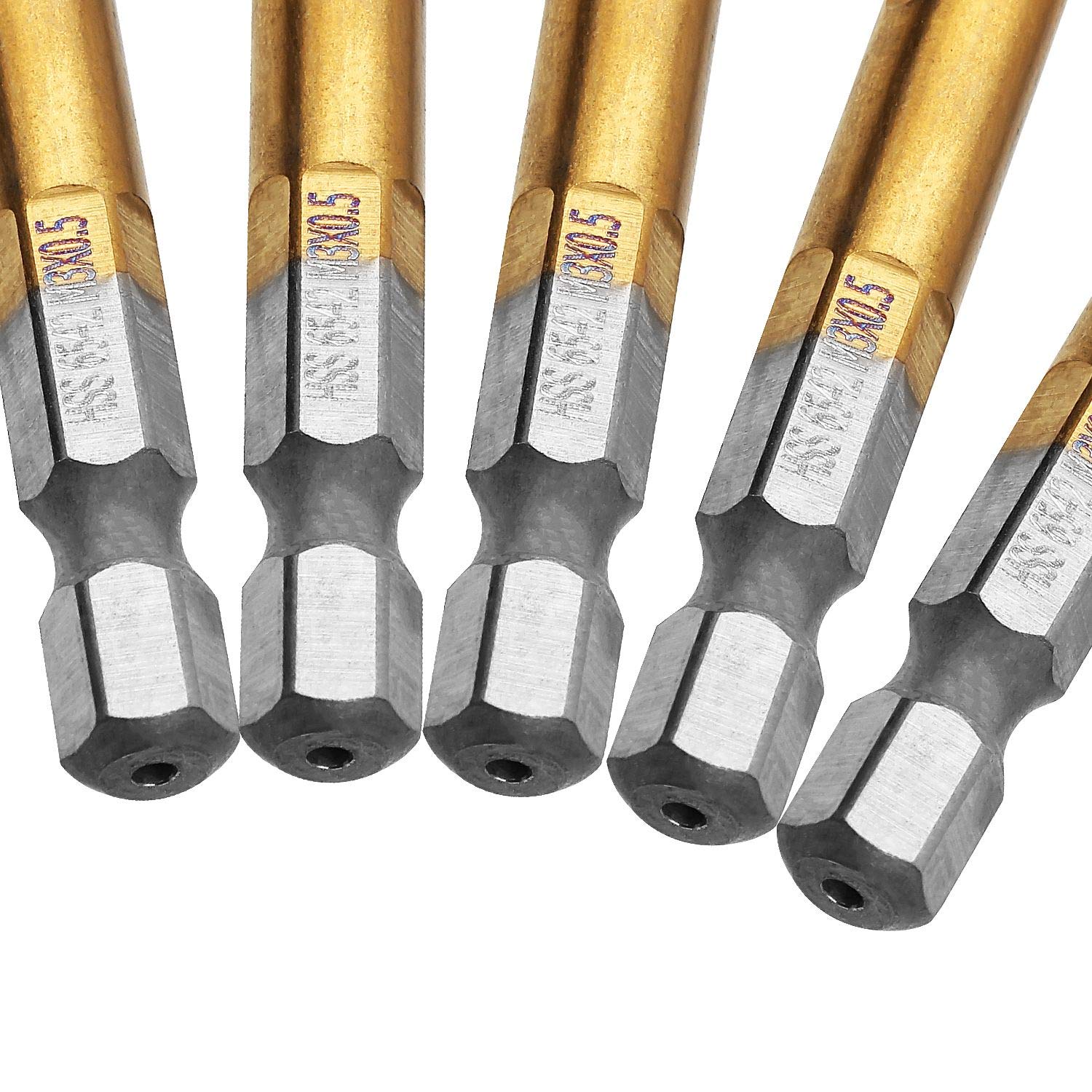 ABuff 5 Pcs M3 Tap HSS 6542 Combination Metric Thread Drill Bit, Titanium Drill Bit Set with Spiral Flute, Countersink Drill with Hex Shank, Tap Set for Drilling, Tapping