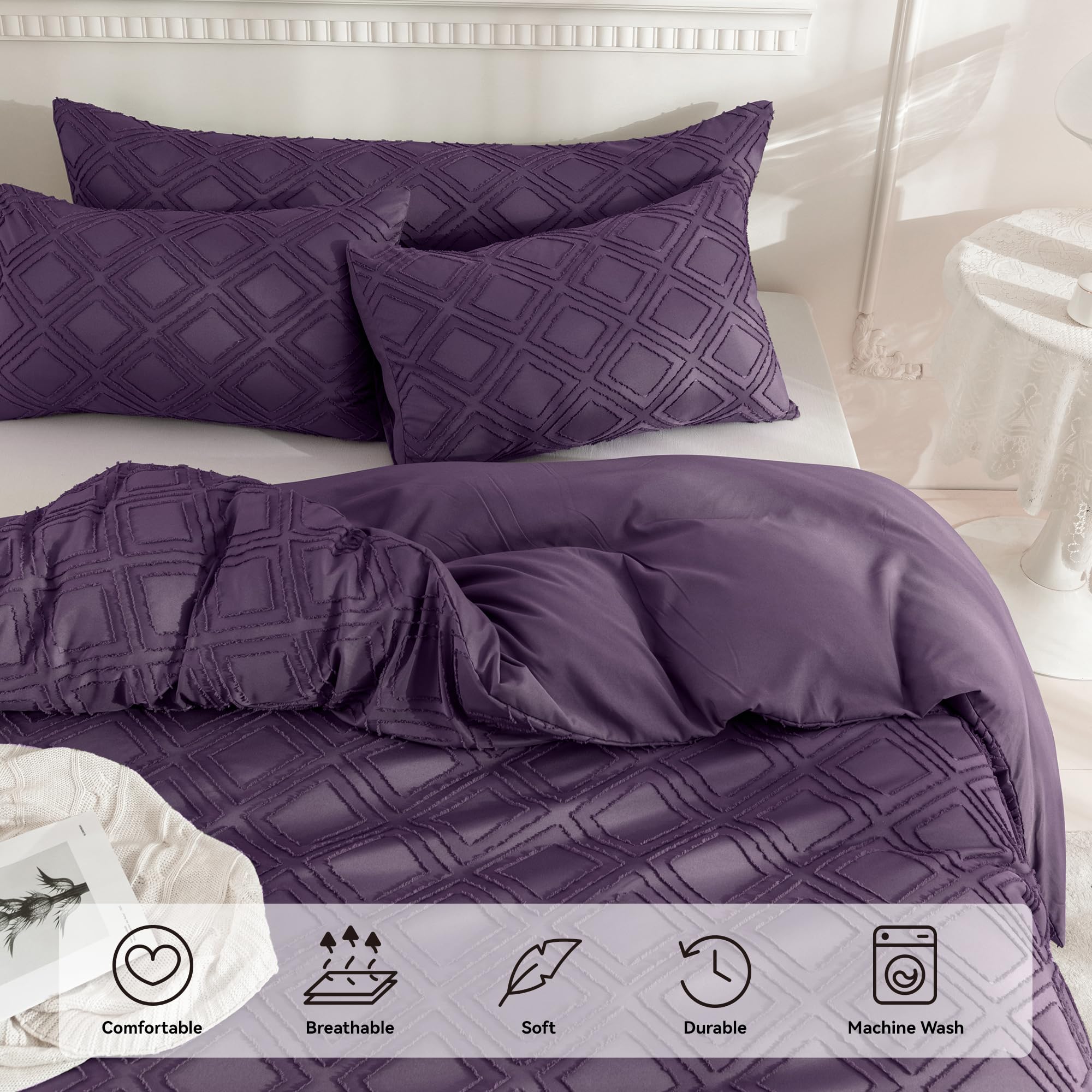 JELLYMONI Purple Duvet Cover Twin Size - 3 PCS Microfiber Tufted Duvet Cover Set, Boho Textured Duvet Cover Jacquard Rhombus Geometric Pattern Duvet Cover with Corner Ties & Zipper Closure