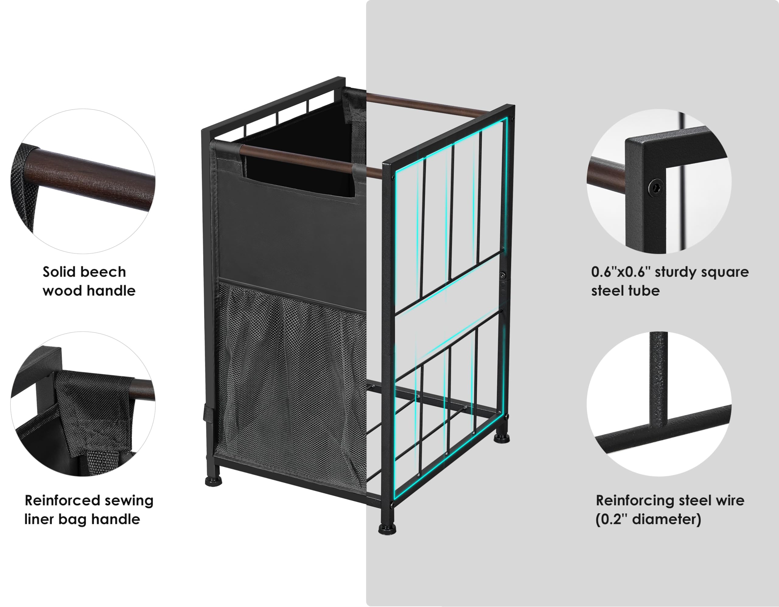 Laundry Hamper with Wheels & Adjustable Feet; 90L Laundry Basket with Removable Liner Bag & Side Mesh Pocket; Clothes Basket for Bathroom, Bedroom; Laundry Sorter with Wood Handle (Black)