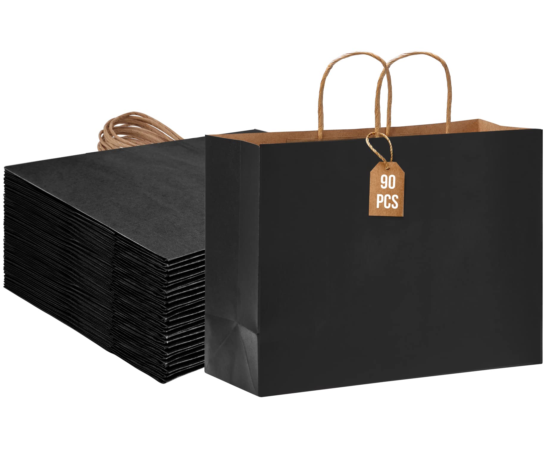 Moretoes 90pcs Black Gift Bags, 16x6x12 Inch Paper Gift Bags Black Kraft Paper Bags with Handles, Shopping Bags in Bulk for Boutiques, Grocery, Mechandise, Party, Gifts & Merchandise