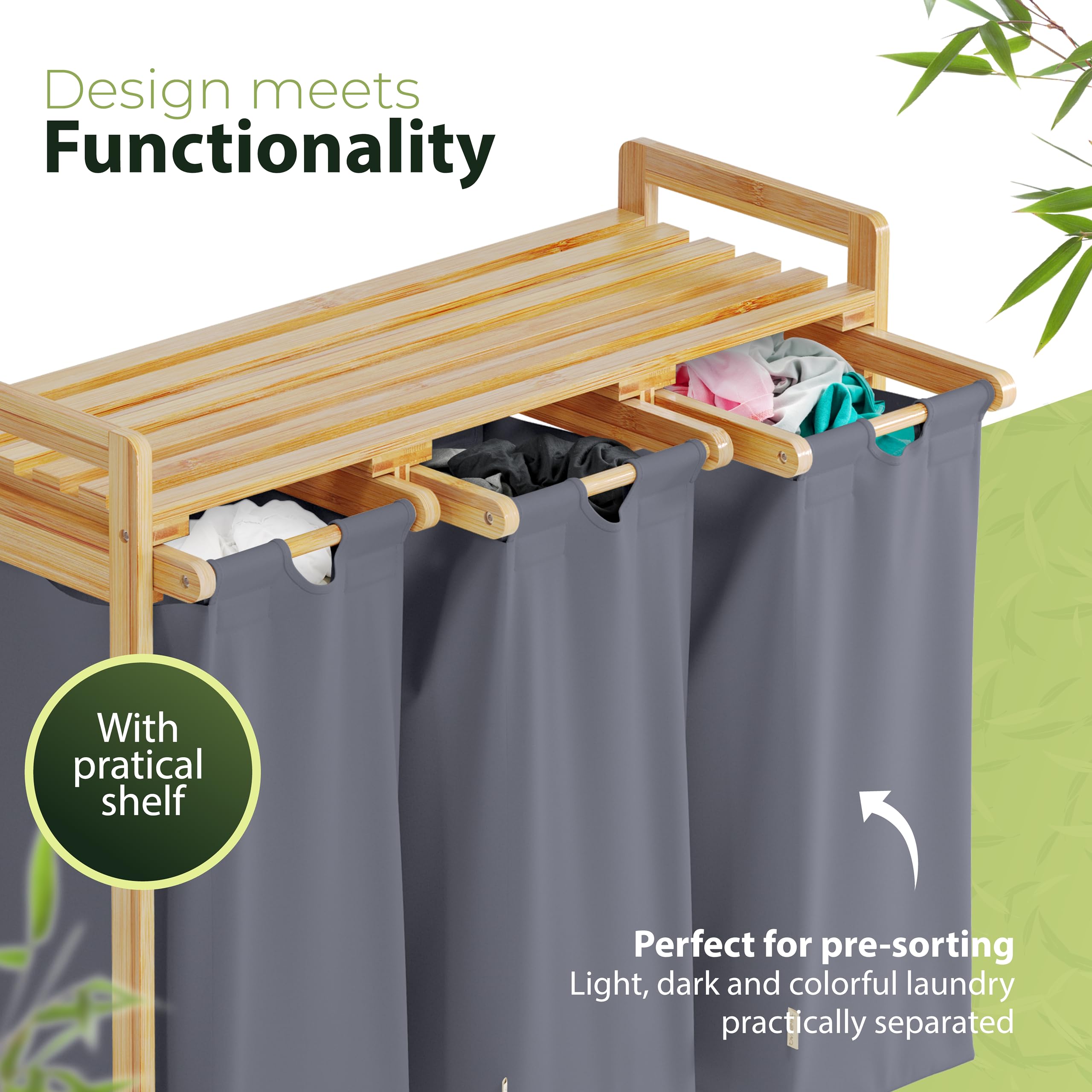 AMBIAVO Laundry Hamper 3 Section bluegrey - Large Bamboo Laundry Sorter with Removable Cotton Bags -Three Compartment Organizer for Clothes - Eco-Friendly and Stylish Storage Solution for Home