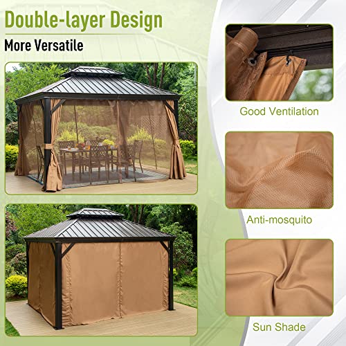 PHI VILLA 10' X 12' Outdoor Hardtop Gazebo on Clearance, Double Roof Gazebo with Curtains and Netting, Permanent Pavilion Gazebo with Aluminum Frame for Patios, Gardens, Lawns(Brown)