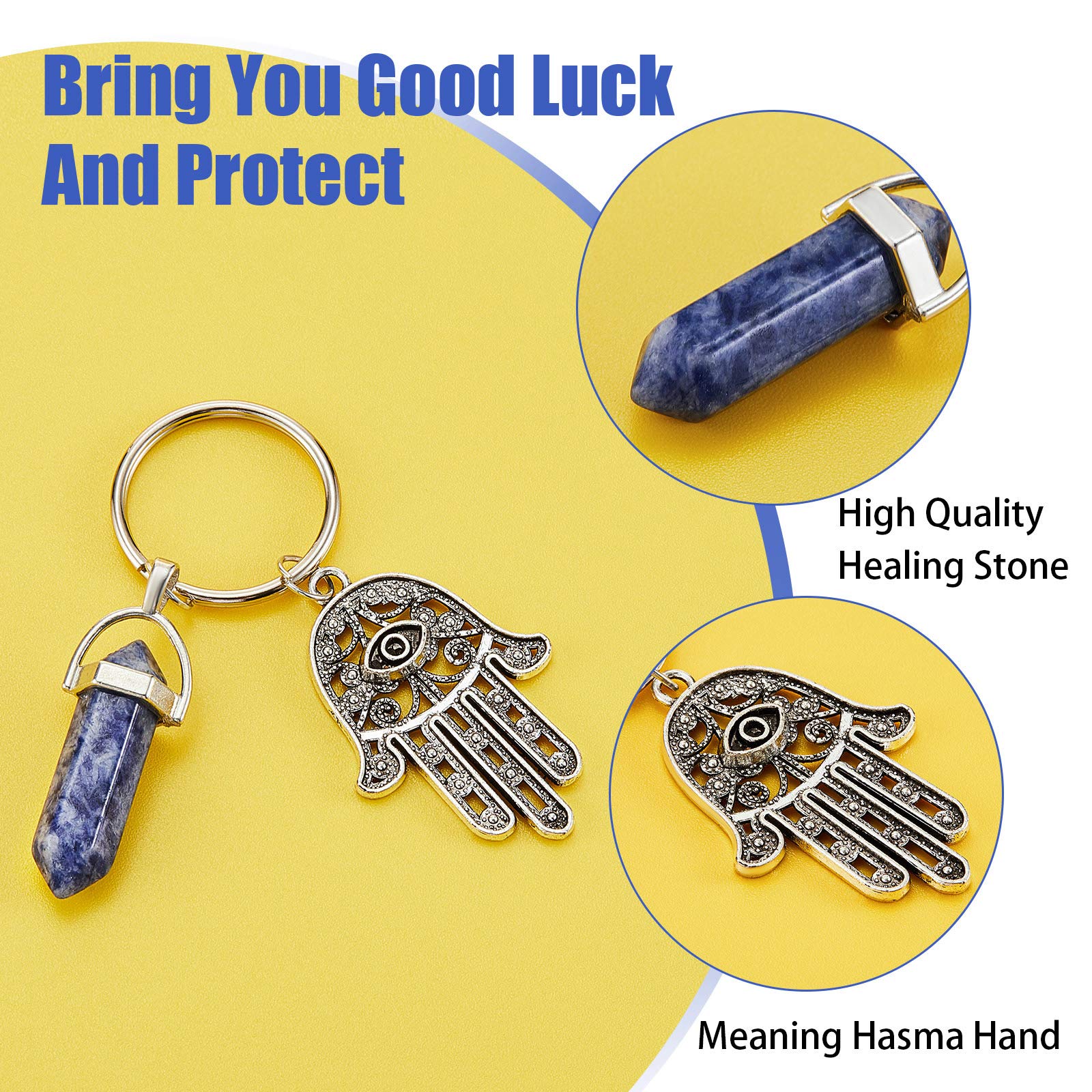9 Pieces Crystal Keychain Hamsa Charm Hamsa Hand Keychain Ring Lucky Hamsa Evil Eye Keychain with Healing Stone for Women Girls Protection