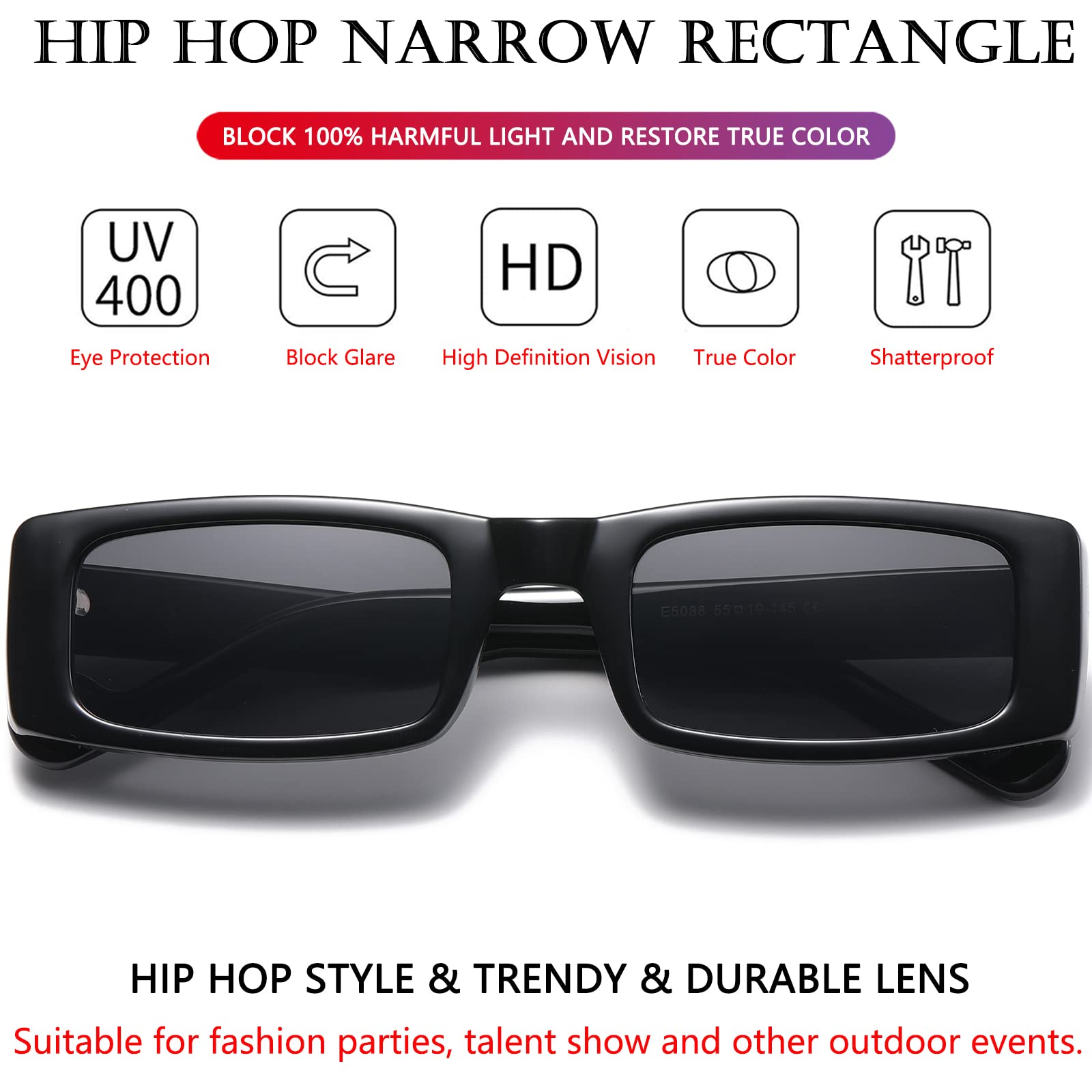 AIEYEZO Narrow Rectangle Sunglasses for Women Men Small Square Frame Sun Glasses 90s Retro Style Shades (Black/Grey)