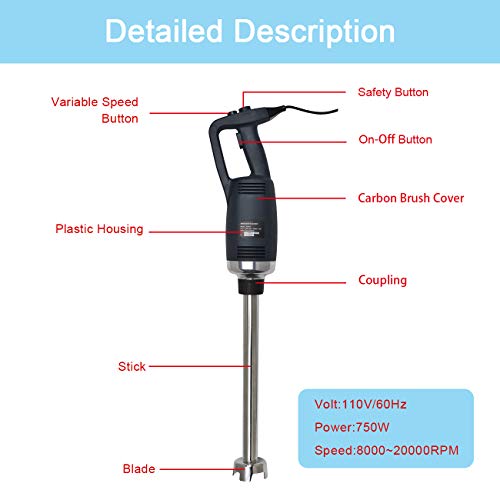 Zz Pro Commercial Electric Big Stix Immersion Blender Hand Held Variable Speed 750 Watt Mixer with 20-Inch Removable Shaft, 50-Gallon Capacity(LW750S20)