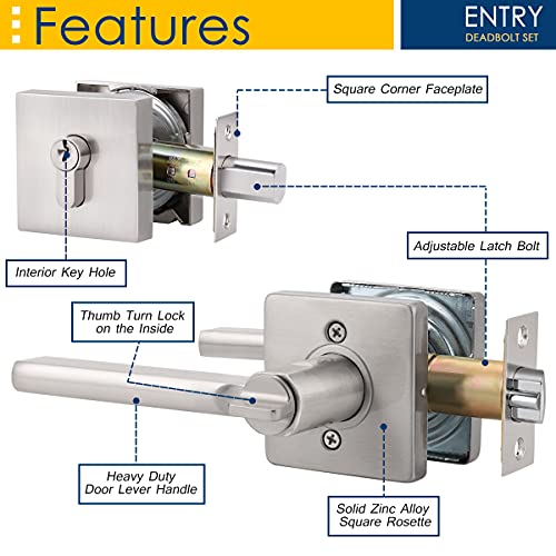 Brotima 5 Pack Square Heavy Duty Keyed Alike Front Door Entry Lever Lockset and Double Cylinder Deadbolt Combination Set with Same Key, Satin Nickel Finish, Reversible for Right/Left Hand