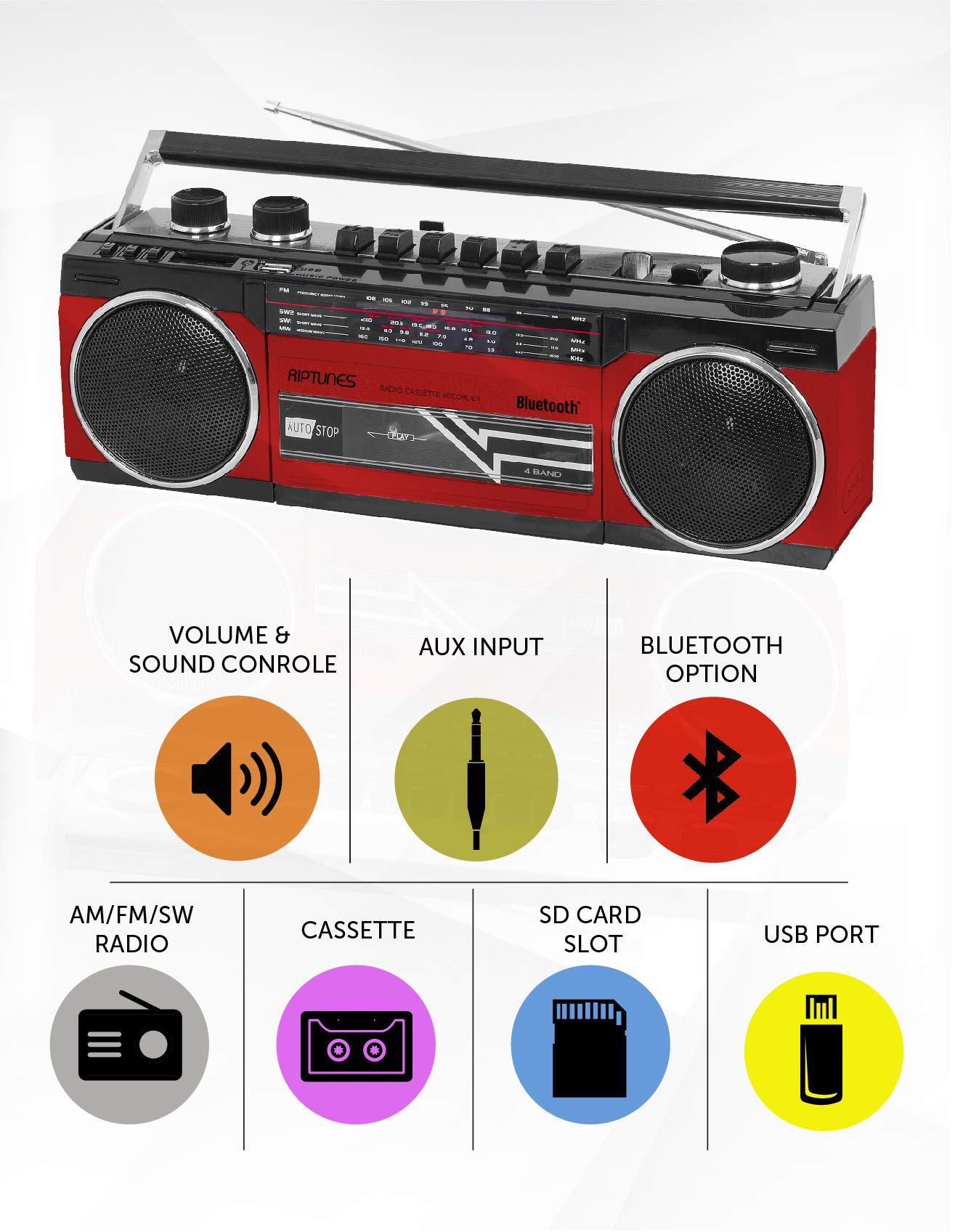Riptunes Cassette Boombox, Retro Blueooth Boombox, Cassette Player and Recorder, AM/FM/SW-1-SW2 Radio-4-Band Radio, USB, and SD, RED