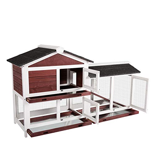 Kinpaw Rabbit Hutch 61inches Indoor Rabbit Cage Small Animal House for Chicken with Removable Trays Ramp Run Red