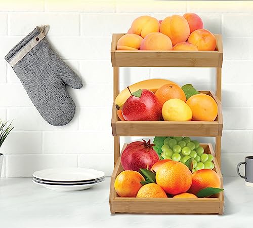 GET SORTED Bamboo Fruit Basket 3 Tier — 33+ Lbs Capacity, 12mm Thickness, Raised Bottom & 2 Hooks — Ideal for Bread, Toiletries, Snacks, Seasonings - Fruit Bowl for Kitchen Counter, Dining Table, etc