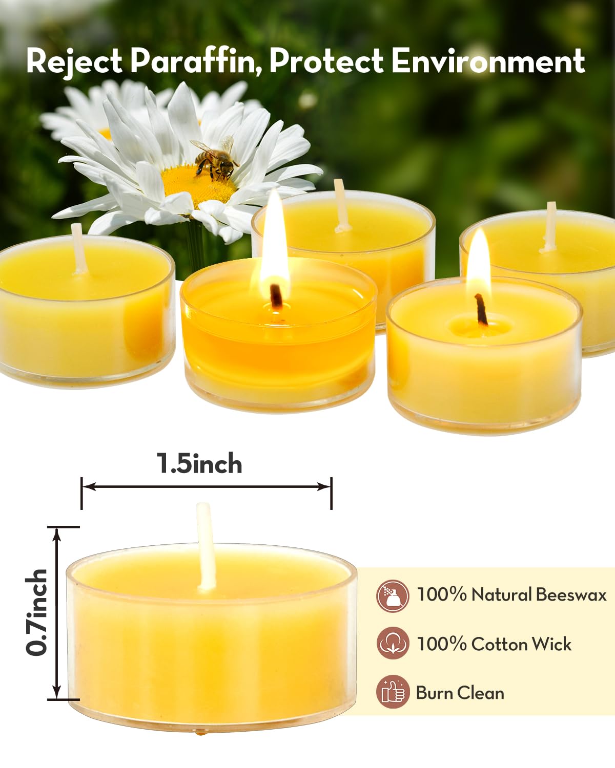 Ashlux Unscented Beeswax Tealight Candles 20 Pack, 4 Hours Long Burning Handmade Yellow Tea Lights Candles, Clear Cup Smokeless Beeswax Candles for Wedding, Party, Centerpiece & Home Decor