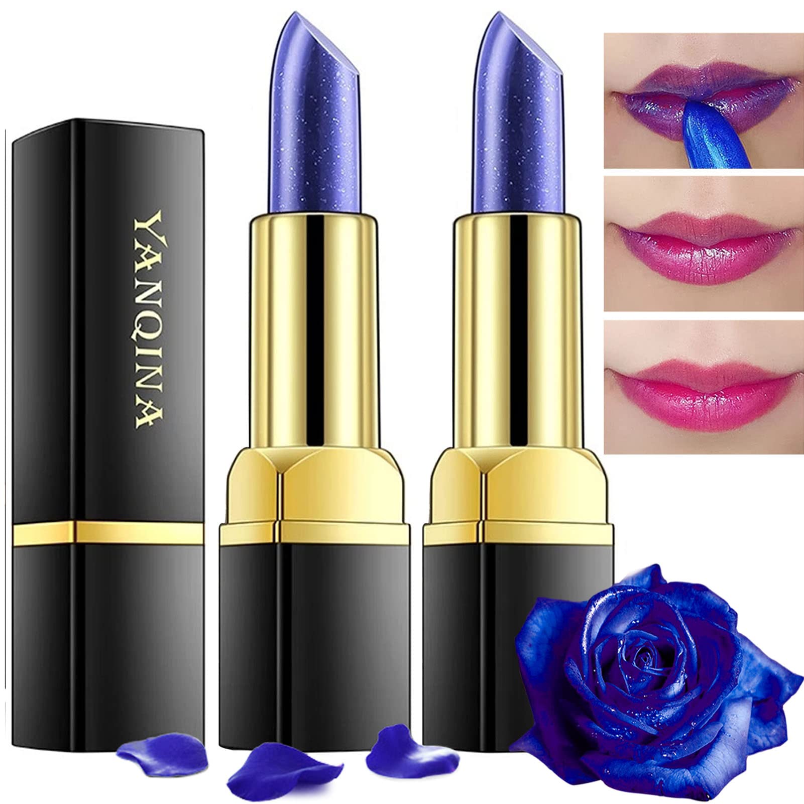 Ashudan 2 PCS Blue Shimmer Lipstick, Magic Temperature Changing Colors Lipstick (Blue Changed into Pink), Blue Lipstick That Turns Pink, Labial Magico Lips Moisturizer Lipstick for Women