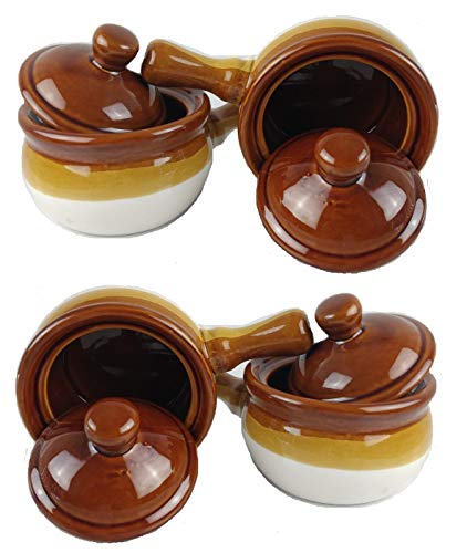 Individual French Onion Soup Crock Chili Bowls with Handles and Lids, Ceramic 16 Ounces 4 Pack