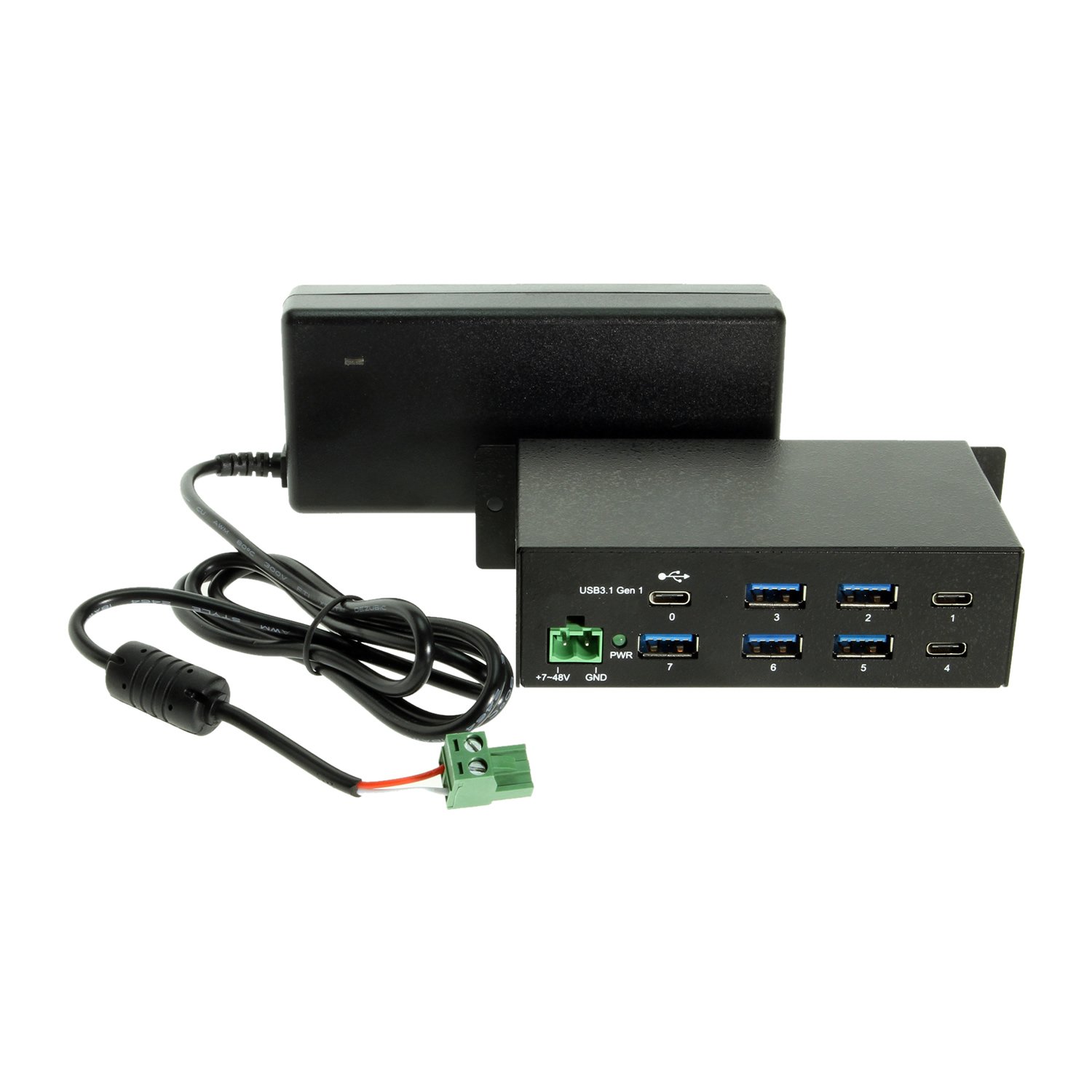 Coolgear USB-C 7 Port Hub 3X Type-C 5X Type-A - DIN Rail - Power Adapter
