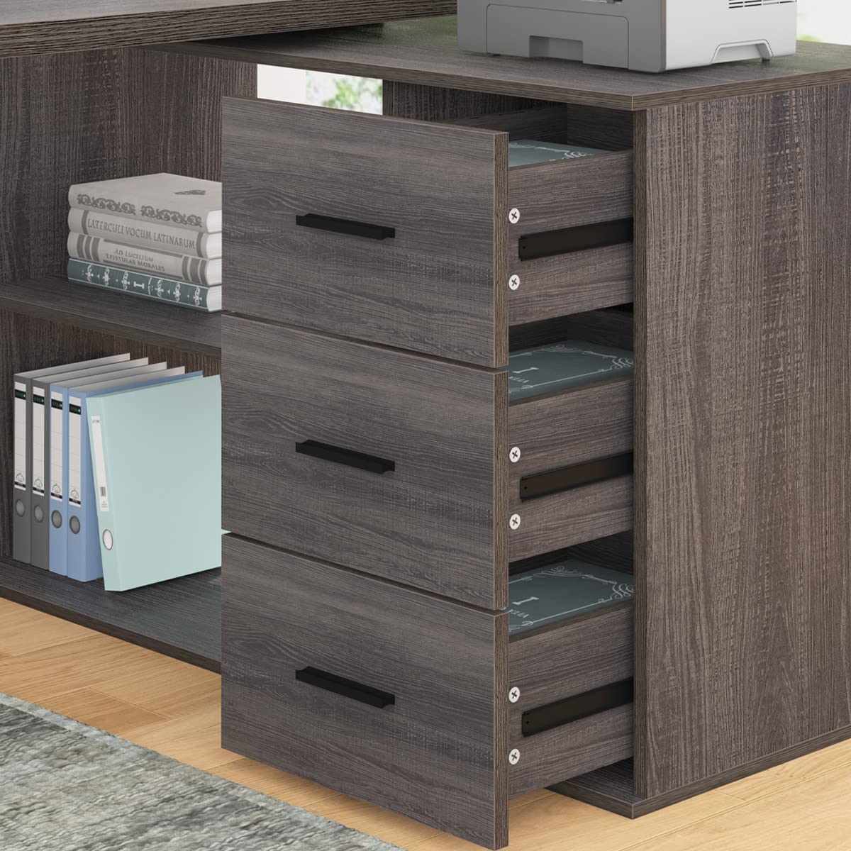 HSH Black L Shaped Desk with Drawers Shelves, 360 Rotating Home Office Desk L Shape with Storage Cabinet, Corner Wood Computer Table for PC Executive Work Study Writing in Bedroom Living Room, 55 in