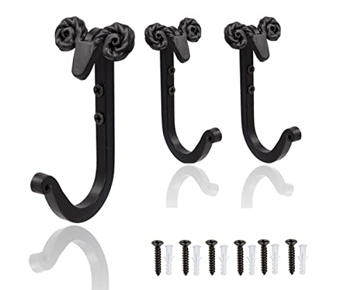 The Metal Magician Sheep Headed Iron Hooks Wall Mount Black Hanger Set of 3 Heavy Duty Towel Holder for Hanging Hats, Coat, Keys, Clothes, Bags Closet Hooks for Bathroom, Kitchen, Entryway