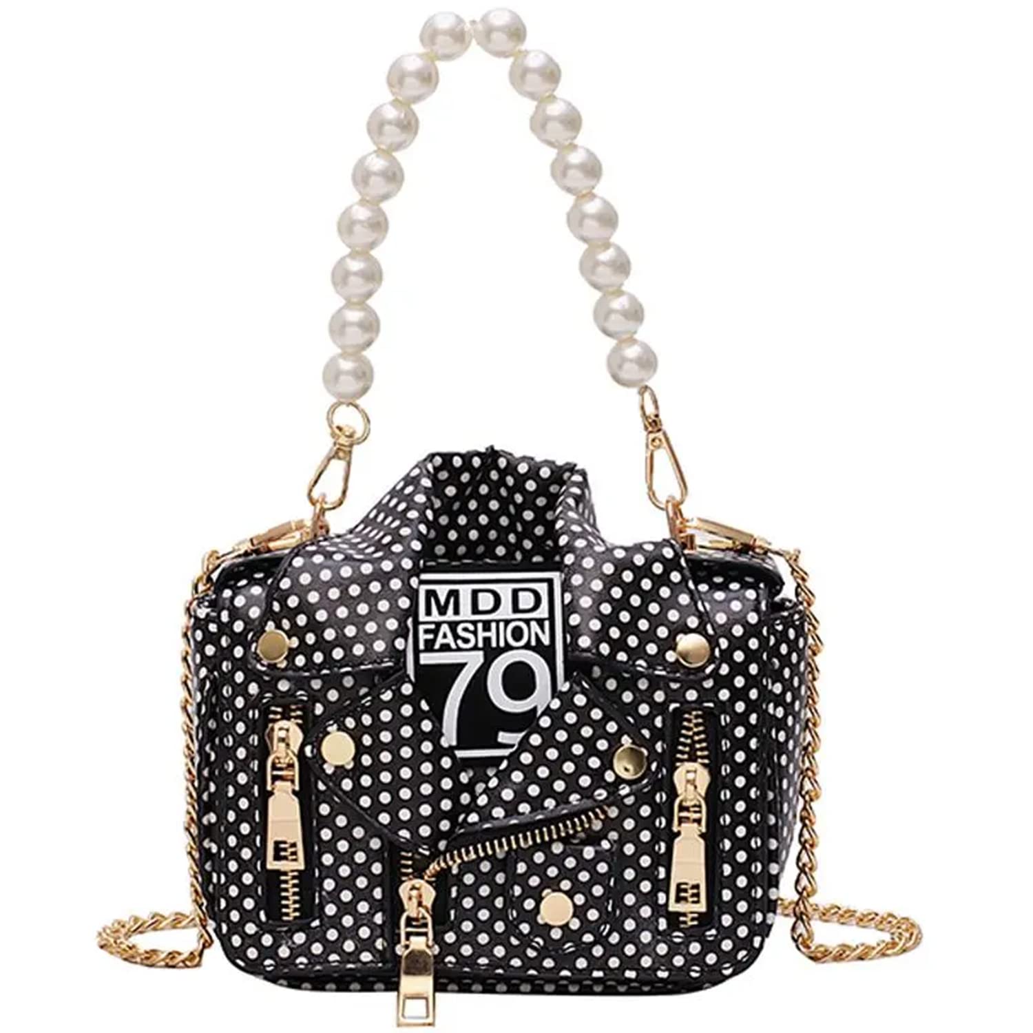 Classic Polka-dot Style Cross Body Bag for Women with Pearl Band, PU Leather Hip-hop Style Chain Handbags (Black)