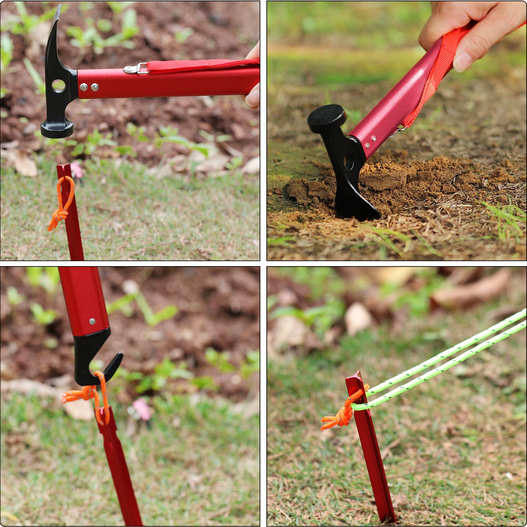 aiGear Camping hammer with Hook Lightweight Aluminum Multifunctional Tent Stake Handy Hammer with Wind Ropes for Hiking Backpacking Gardening Color Red(CH11)