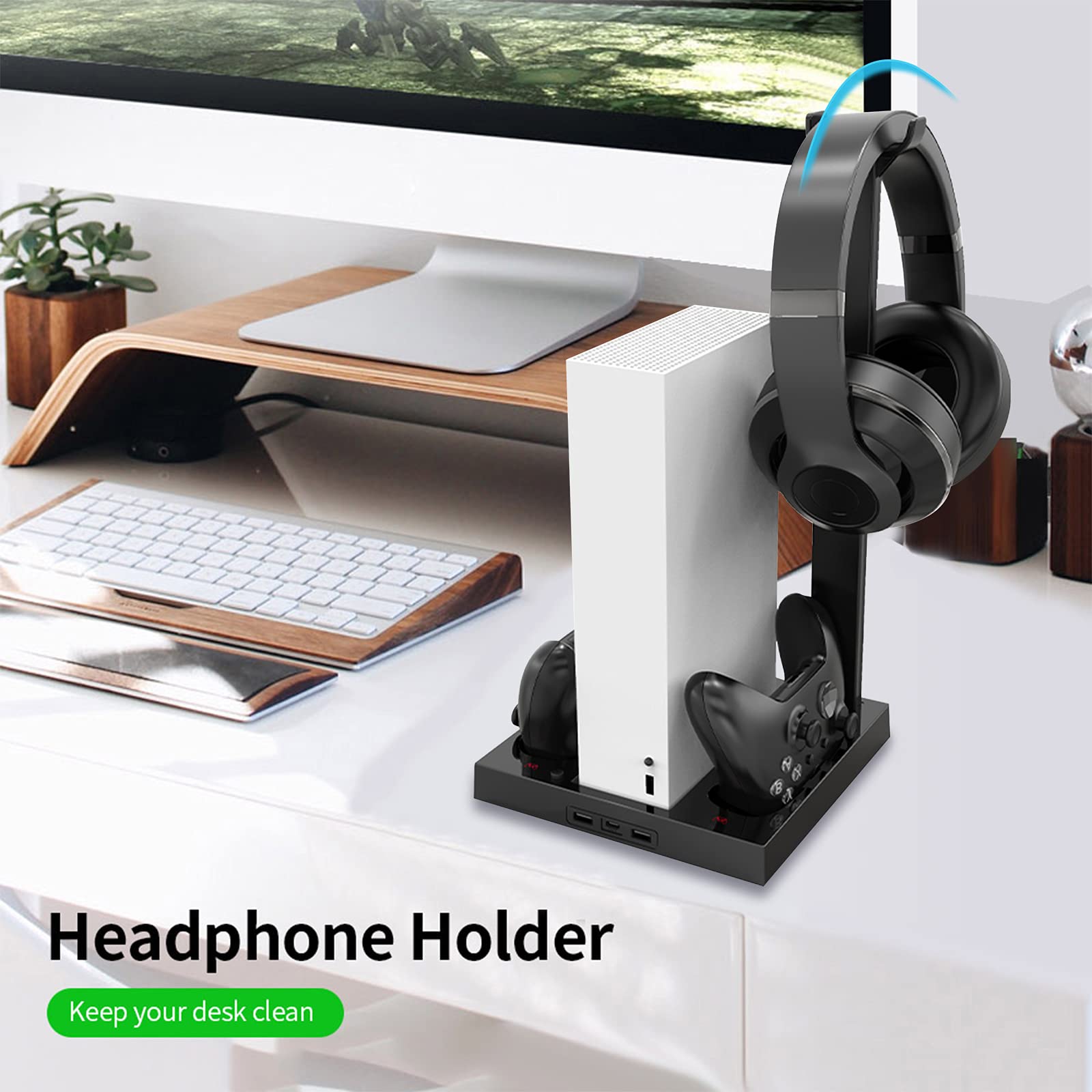 Cooling Fan Stand for Xbox Series S Console with Dual Cooler System, Vertical Charging Station Dual Controller Charger Dock with 2x1400mAh Rechargeable Battery Pack,1 Headset Hanger &4 Type C Adapter