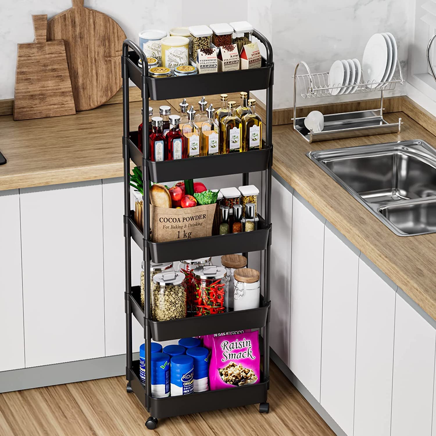 7 code 3 Tier Rolling Cart, Plastic Storage Cart, Multi-Functional Utility Cart Kitchen Storage Organizer,Mobile Shelving Unit Cart with Lockable Wheels for Bathroom,Laundry,Living Room,Black