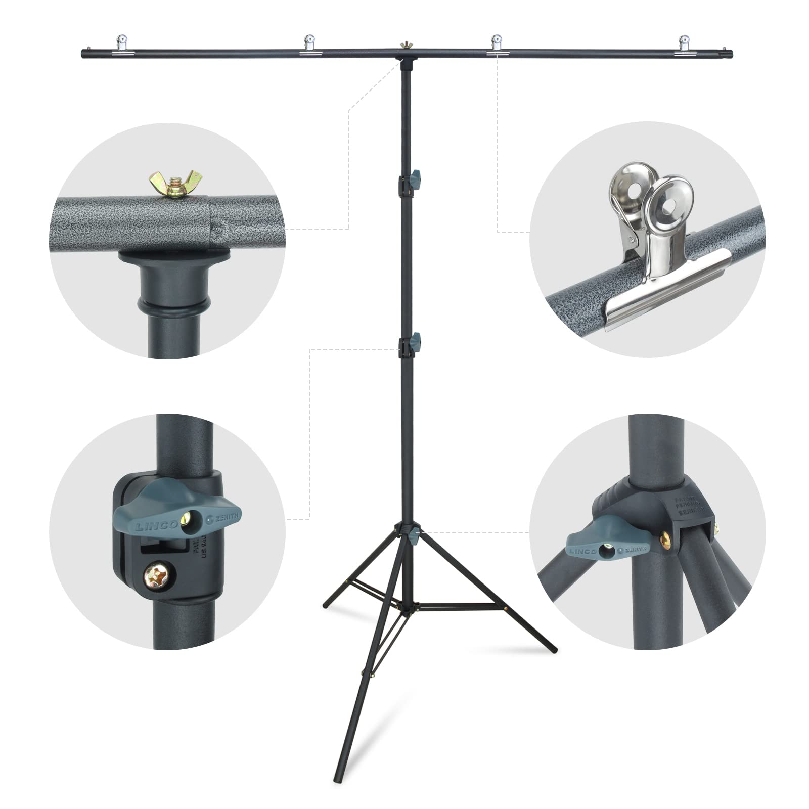 LINCO Lincostore Zenith Portable T-Shape Background Backdrop Stand Kit 5x6.7ft - 5ft Wide (Fixed) and 6.7ft High (Adjustable)- Lightweight Only 4 Lbs Easy to Carry and Storage Black