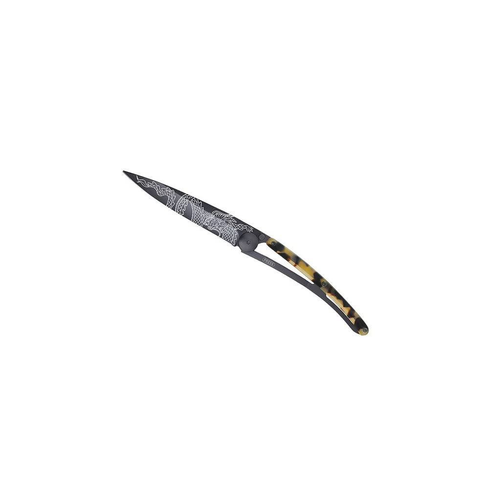 deejo - 0.9OZ, Black Titanium, Dark Turtle, Polynesian - Ultra-Light Pocket Folding Knife with a Belt Clip - Z40C13 Stainless Steel