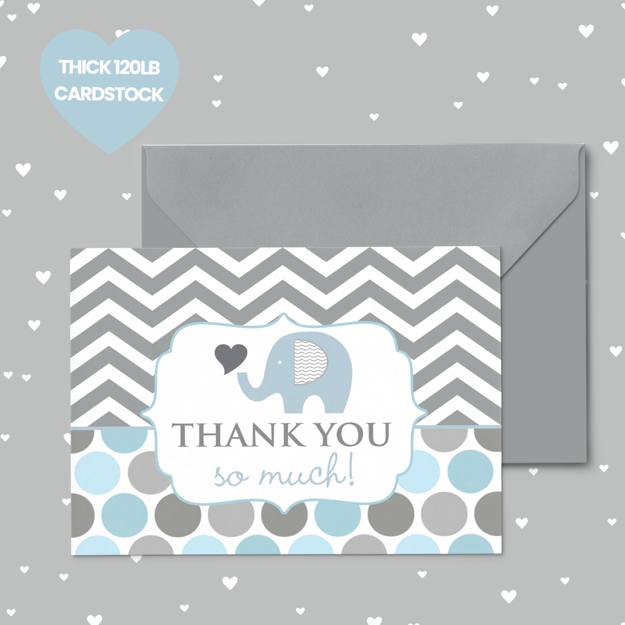 Paper Clever Party Blue Elephant Thank You Cards with Envelopes for Boys Baby Shower, Gender Reveal, Birthday, Everyday Occasions, Small Folded Note Set, 20 Pack