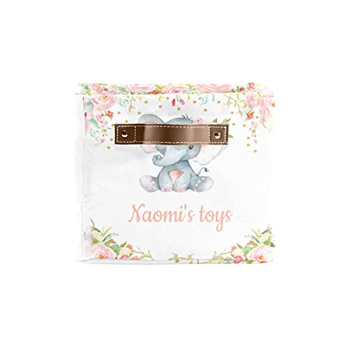 Joyestore Pink Flower Elephant Personalized Storage Bins ,Baskets Cubes Organizer with Handle for Shelves Closet Nursery Toy 1 Pack