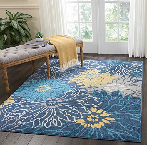 Nourison Passion Blue 5'3" x 7'3" Area-Rug, Floral, Farmhouse, Easy-Cleaning, Non Shedding, Bed Room, Living Room, Dining Room, Kitchen, (5' x 7')