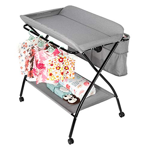 JOYMOR Portable Diaper Changing Station,Folding Baby Changing Table for Infant, Moblie Diaper Changing Table with Wheels, Large Storage Basket & Shelf Portable Nursery Organizer (Grey)