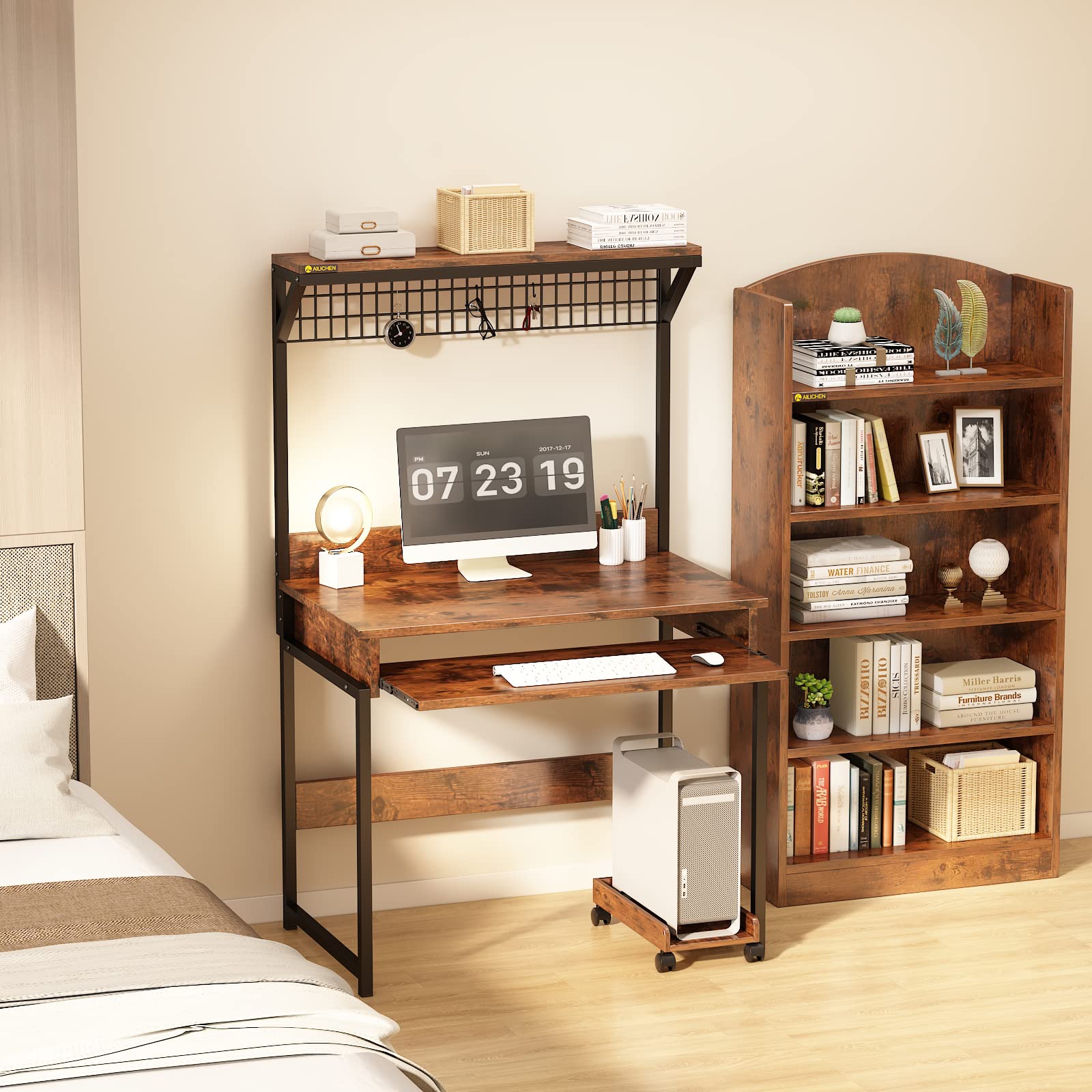 ALISENED Computer Desk with Hutch and Keyboard Tray,31.5 inches Home Office Desk with Space Saving Design,Writing Desk with PC case Stand for Study Writing Work for Small Spaces