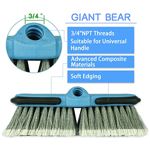 GIANT BEAR Soft Bristle car wash Brush Head (10"), Streamlined, Non-damaging, Scratch-Free, fits Standard Acme 3/4" trapezoidal Threads for car/Truck/Deck/SUV/Household Cleaning.
