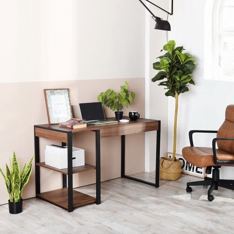 Computer Desk Home Office Writing Pc Workstation with 2 Tier Shelves Storage Brown Modern Contemporary Rectangular Metal Wood Finish