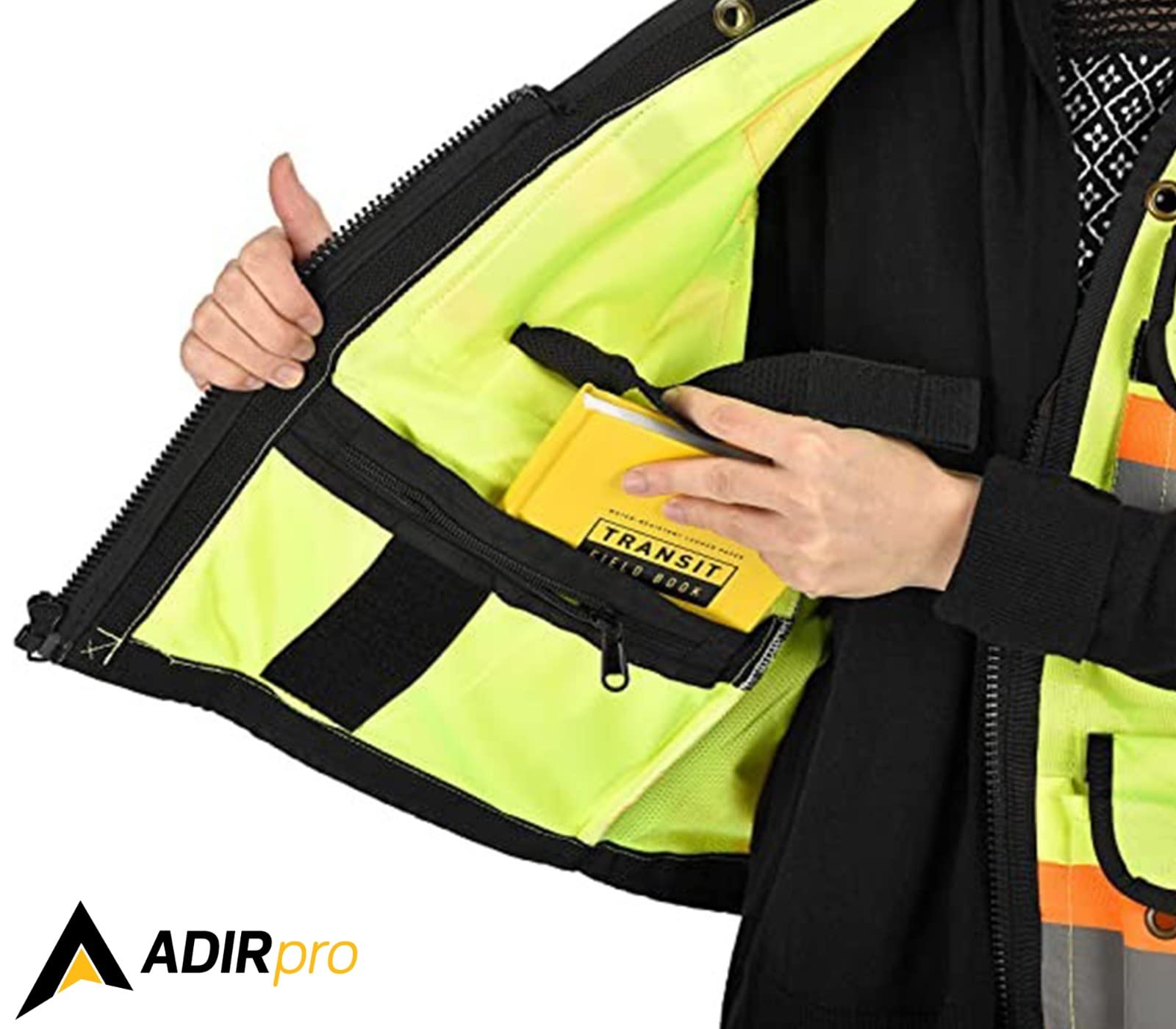 AdirPro Safety Vest - High Visibility Reflective with Zipper and Utility Pockets for Surveyors Engineers Class 2 Construction Workers, Fluorescent Yellow, 10